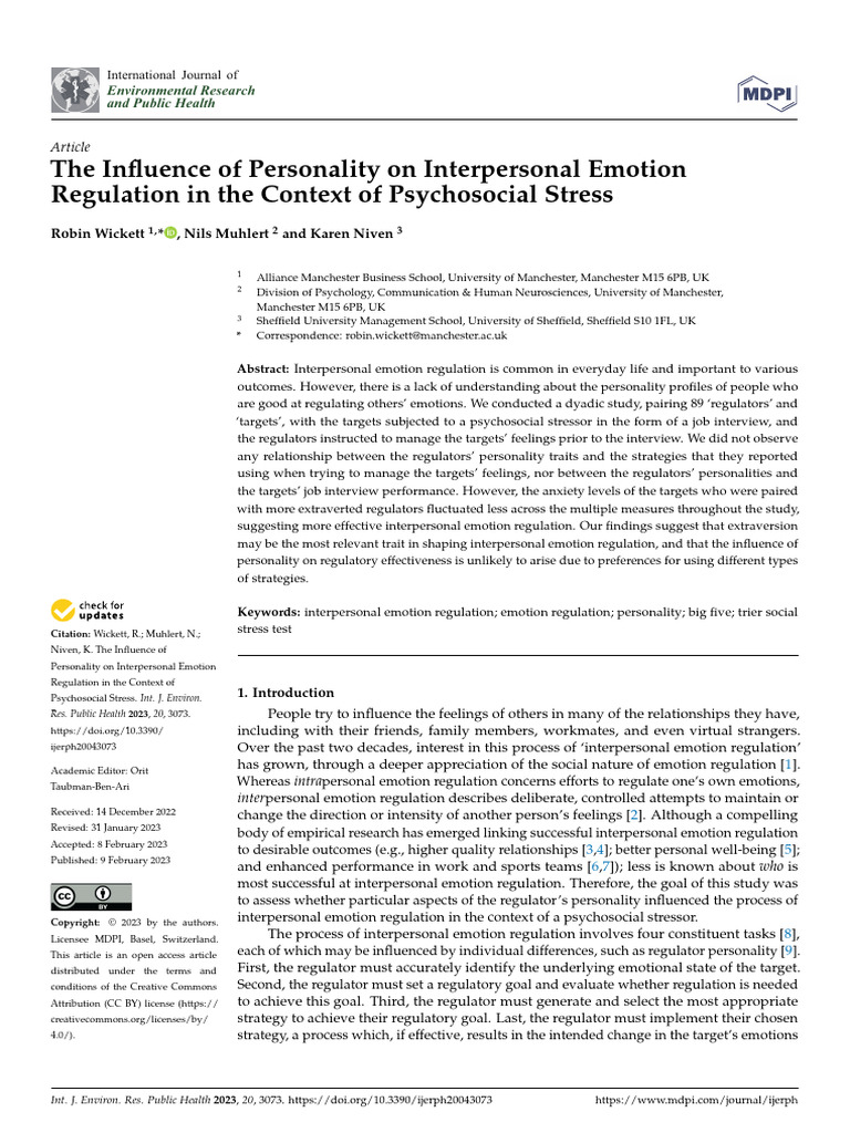 The Influence of Personality on Interpersonal Emotion Regulation in the Context of Psychosocial ...