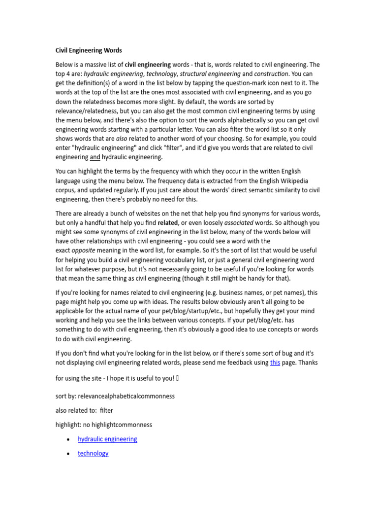 Word of Civil Engineering | PDF | Engineering | Civil Engineering