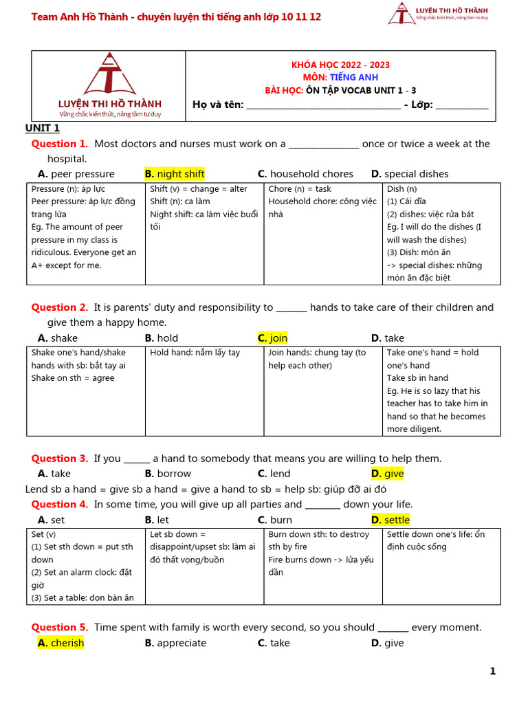 live ôn tập vocab U1-3 đã FORMAT | PDF