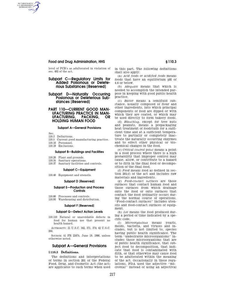 CFR 2013 Title21 Vol2 Part110 Food | PDF | Sanitation | Sewage