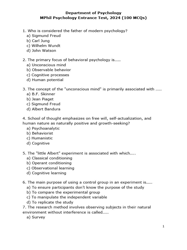 MPhil Clinical Psychology Entrance MCQs | PDF | Psychotherapy | Mental ...