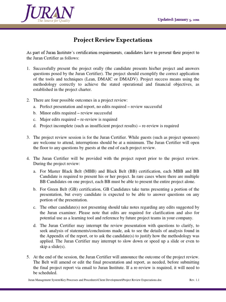 Project Review Expectations for Juran Certification | PDF | Six Sigma ...