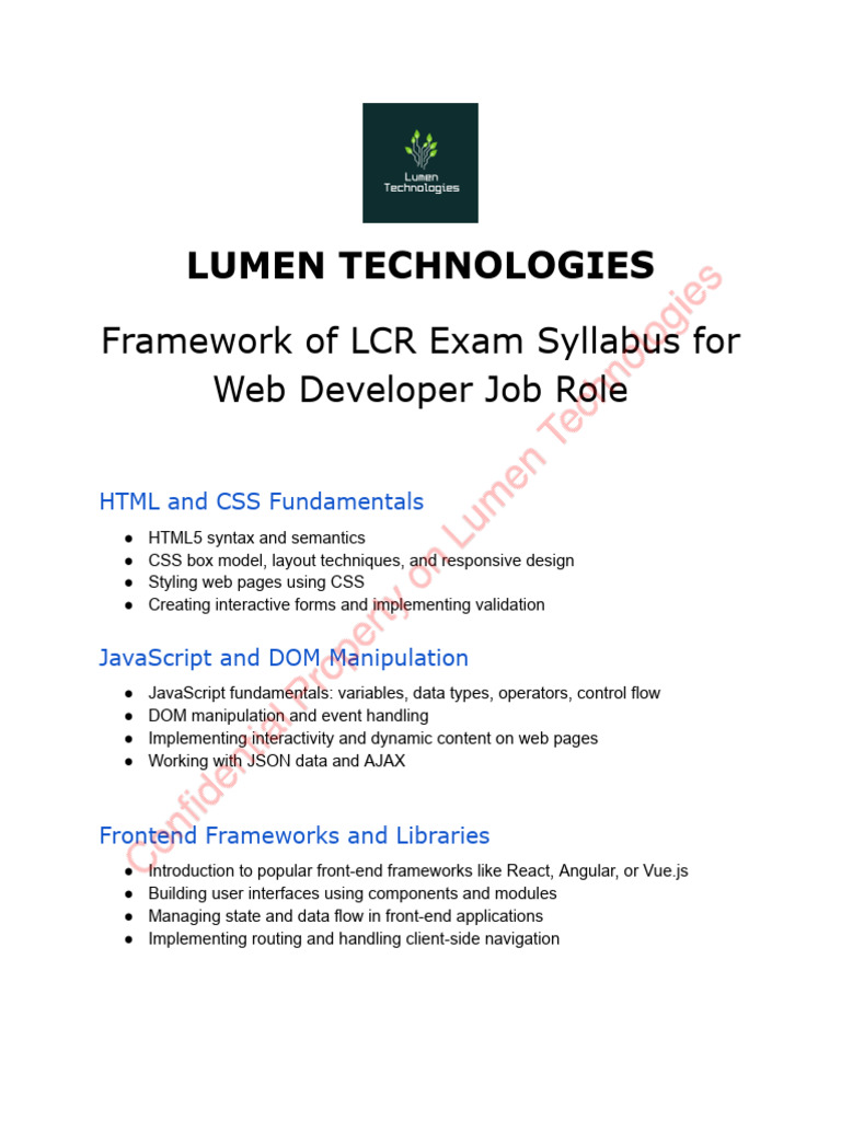Framework of LCR Exam Syllabus For Web Developer Job Role | PDF