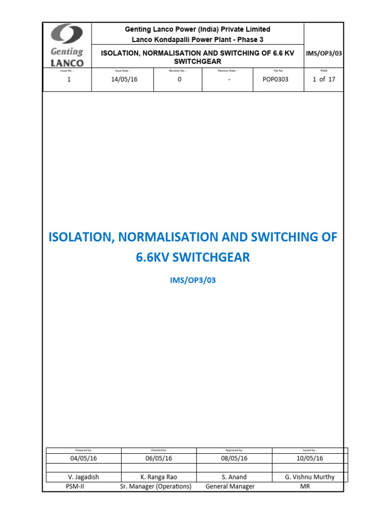ISP-OP3-03 Operation Isolation and Normalization of 6.6 KV Switch Gear ...