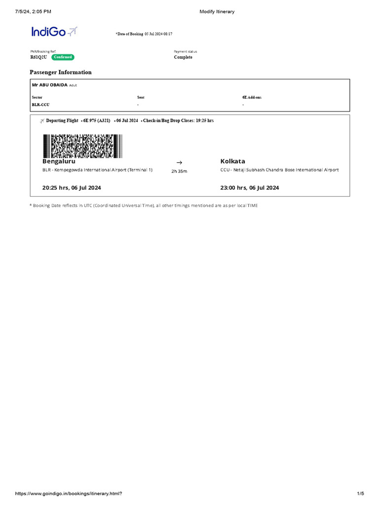 BLR Ccu Ticket | PDF | Aviation