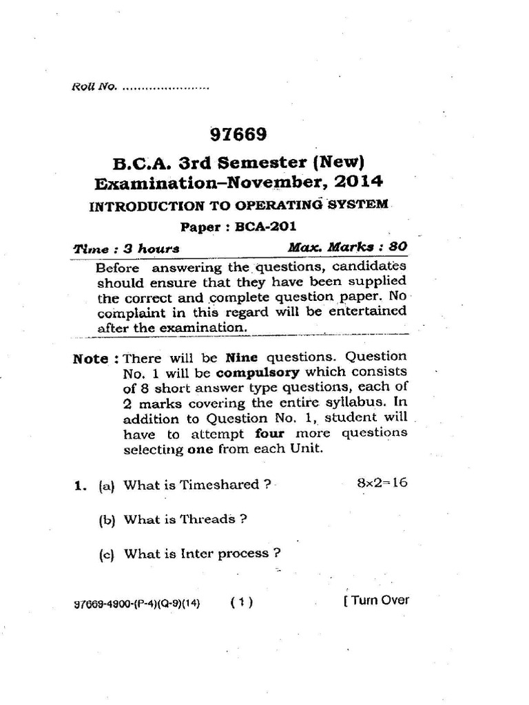 Mdu Bca 3 Introducation To Operating System 2014 | PDF