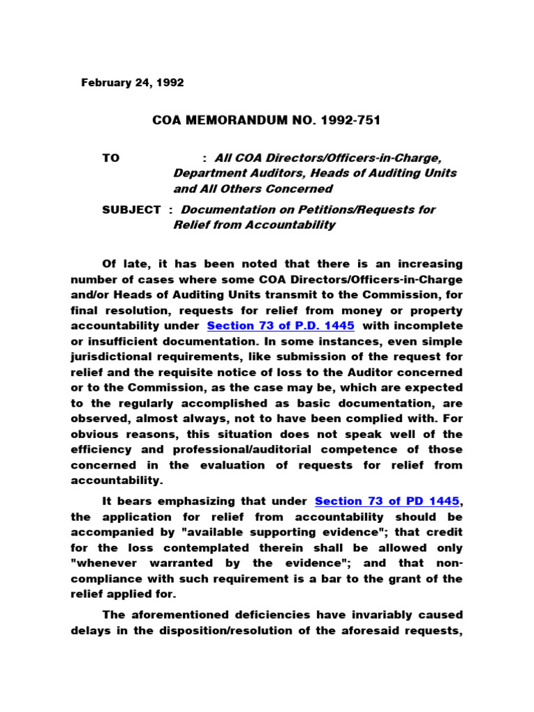 COA-Memo-No.-92-751 (Request for Relief) | PDF | Audit | Robbery COA-Memo-No.-92-751 (Request for Relief) | PDF | Audit | Robbery