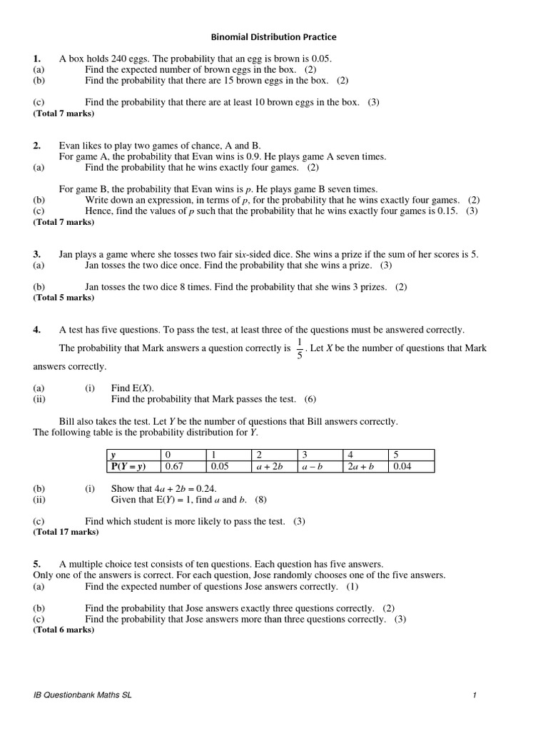 Binomial Distribution Exercises for IB Maths | PDF | Probability ...