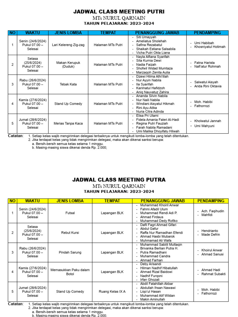 Jadwal Class Meeting 2024 A4 | PDF