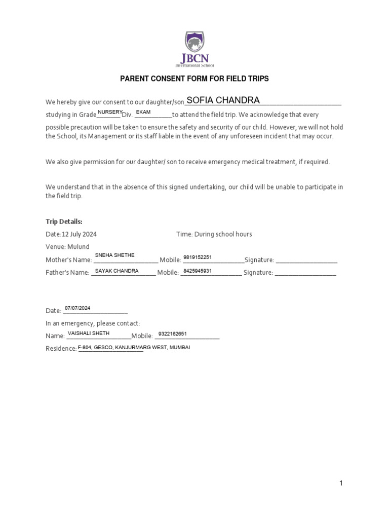Consent Form for Nursery Field Trip | PDF