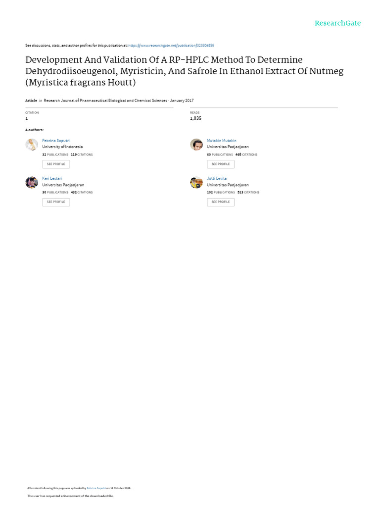 Development and Validation of A RP-HPLC Method To Determine Dehydrodiisoeugenol, Myristicin ...