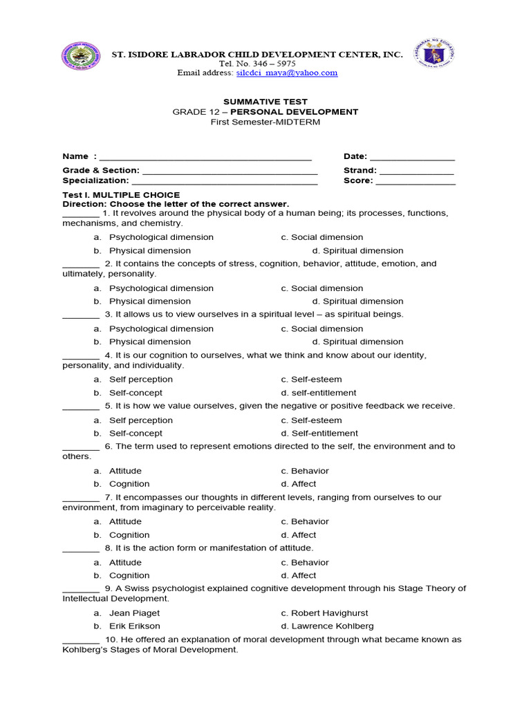 PERDEV-ST | PDF | Attitude (Psychology) | Self Concept
