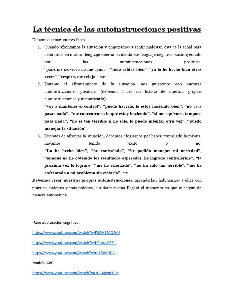 La Técnica de Las Autoinstrucciones Positivas | PDF | Relaciones ...