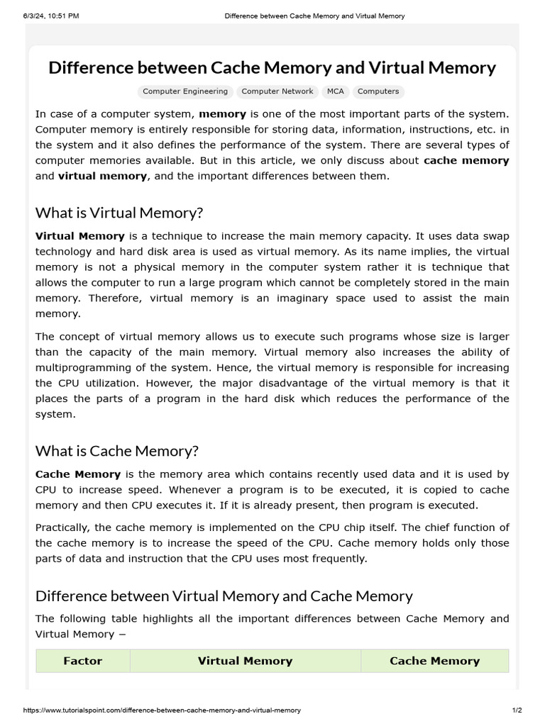 Difference Between Cache Memory and Virtual Memory | PDF | Computer Data Storage | Cpu Cache