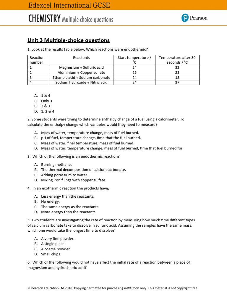 Igcse Doubleaward Chem Mcq Unit3 Pdf Chemical Reactions Gases
