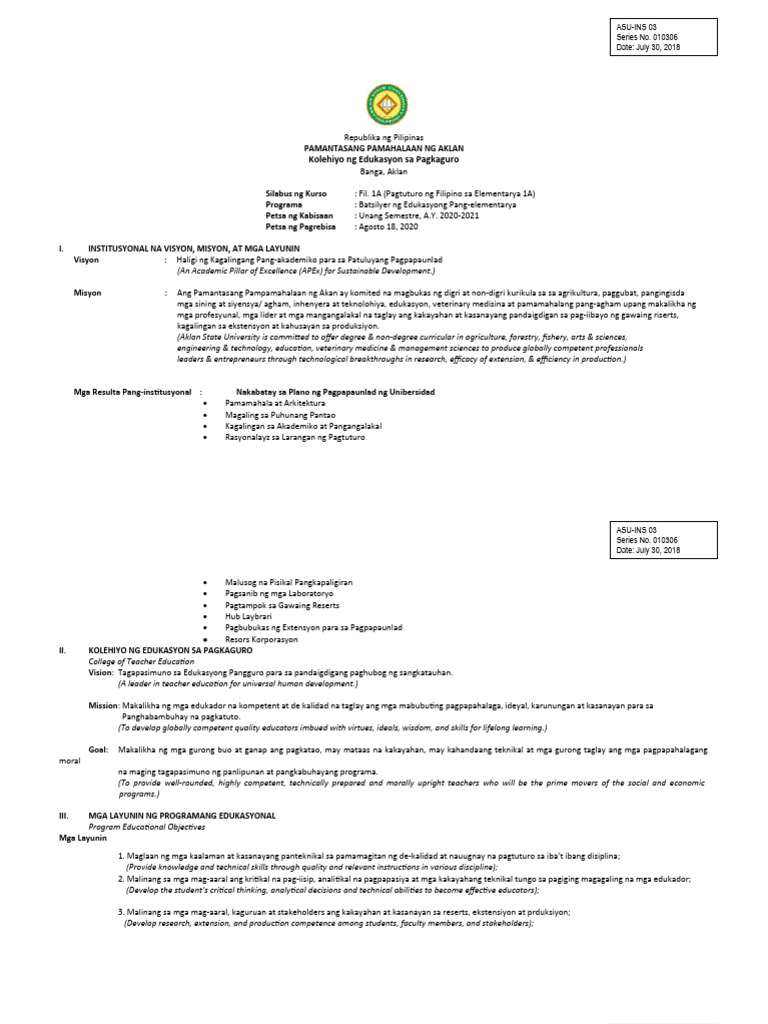 1 Fil 1a Syllabus Final | PDF