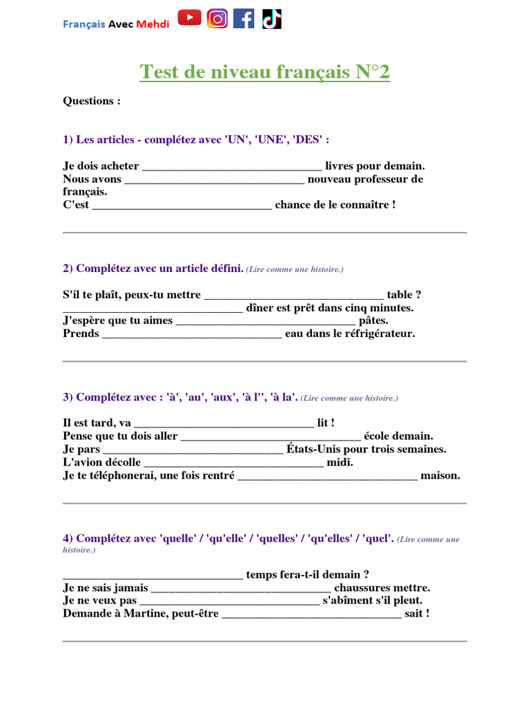 Test de niveau français N°2 | PDF | Linguistique | Grammaire