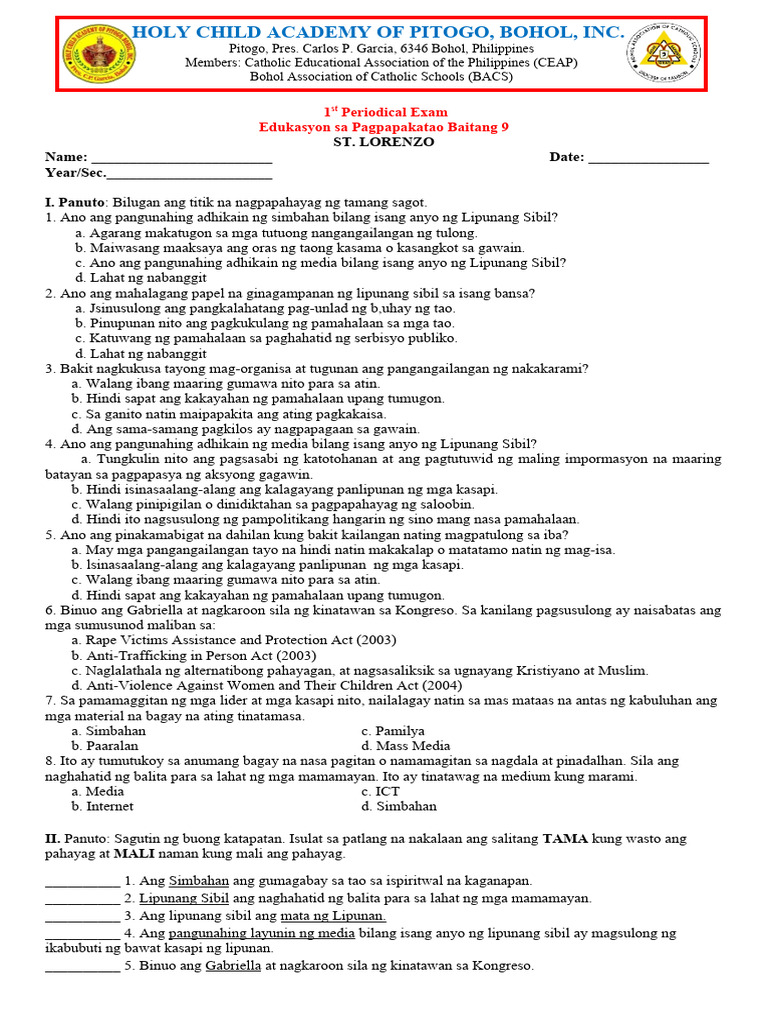 ESP 9 1st Periodical Exam | PDF