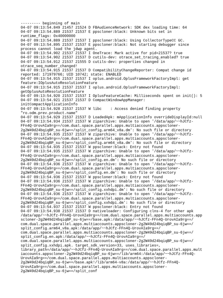 Com - Dual.space - Parallel.apps - Multiaccounts.appscloner Logcat | PDF | Android (Operating ...