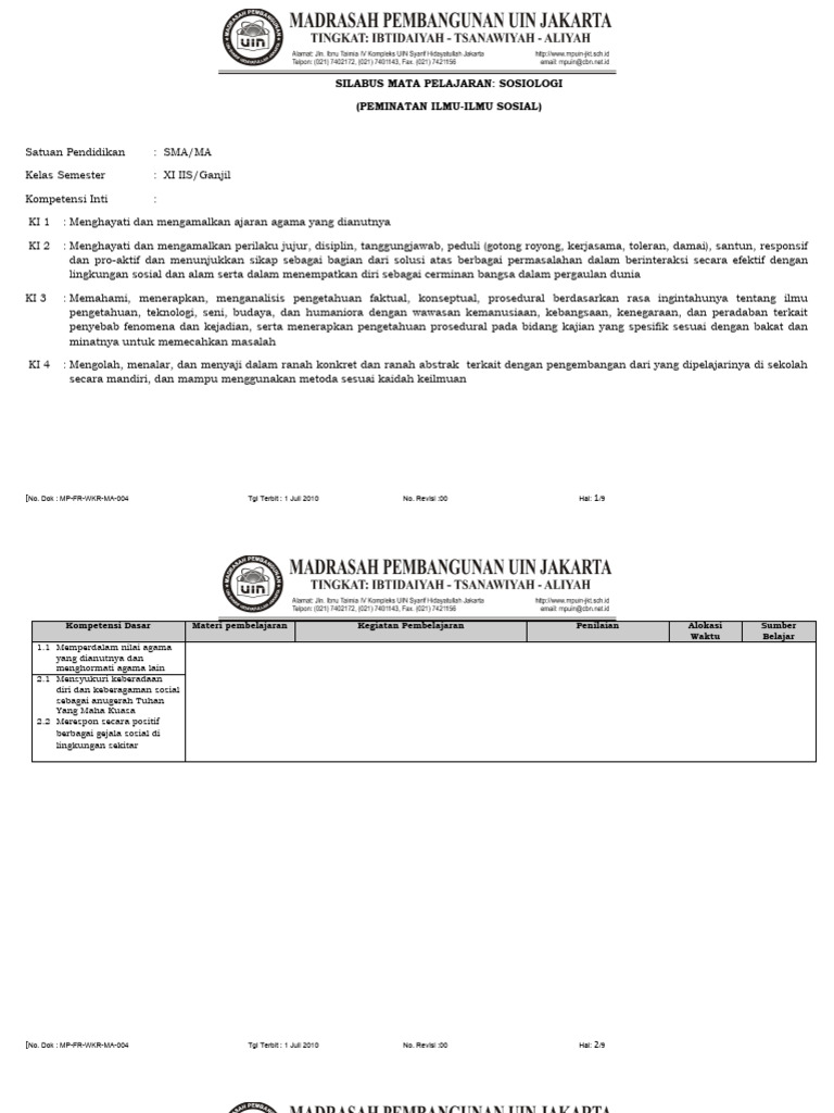 Silabus Sosiologi Ganjil Kelas XI IIS K13 2023 - 2024 | PDF