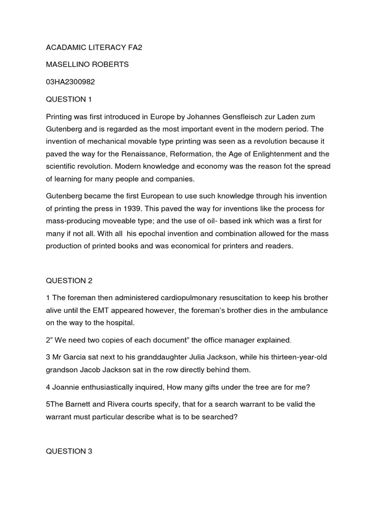 ACADAMIC LITERACY FA2 Final | PDF | Johannes Gutenberg | Printing