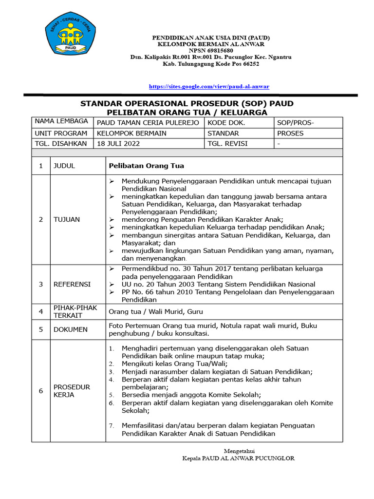 SOP Pelibatan Orang Tua di PAUD | PDF