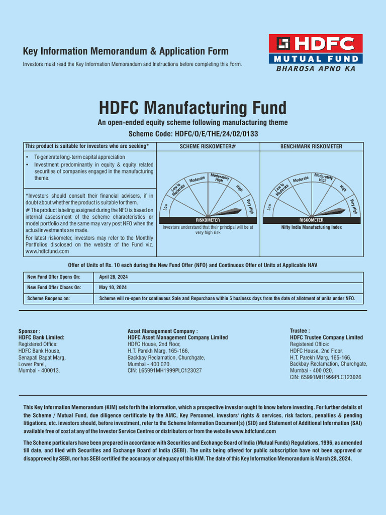 KIM & App Form - HDFC Manufacturing Fund Dated March 28 2024 | PDF ...