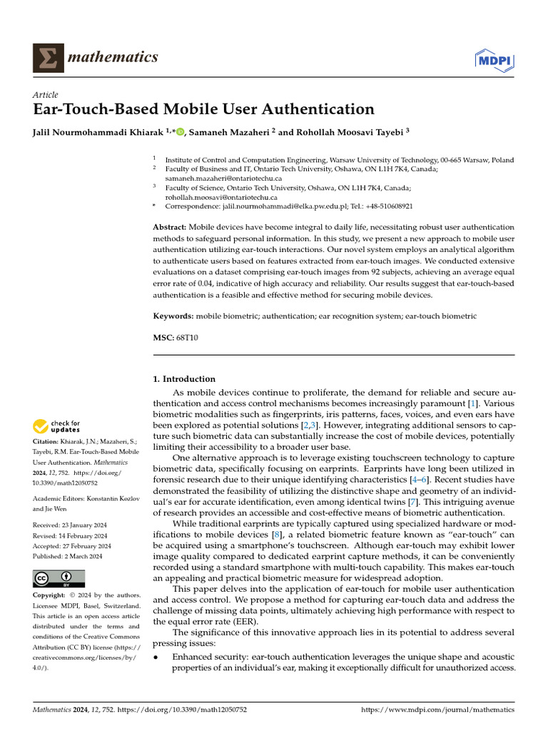 Ear-Touch-Based Mobile User Authentication | PDF | Biometrics | Authentication