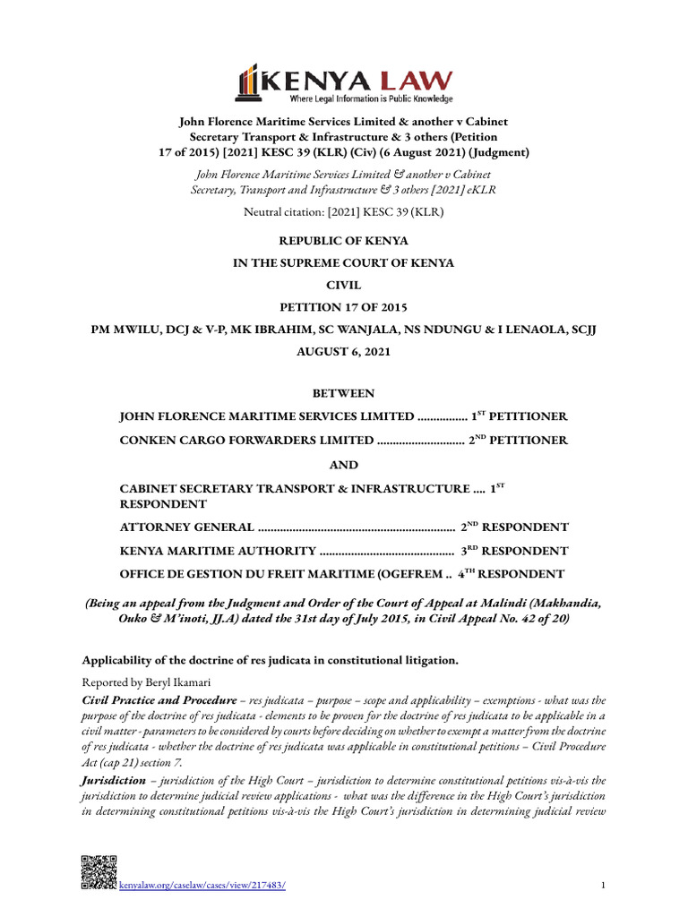 Neutral Citation: (2021) KESC 39 (KLR) : ST ND | PDF | Res Judicata ...