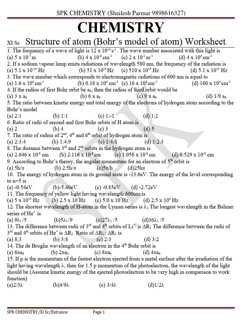 Entrance Structure of Atom Bohr Model of Atom Work Sheet | PDF | Atoms ...