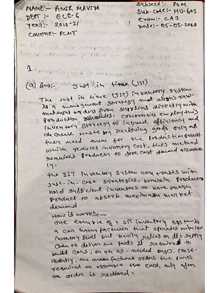 Answer Sheet of Pom, CA3 | PDF