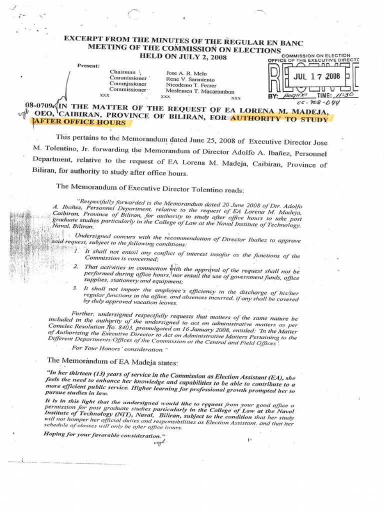 COMELEC Minute Resolution No. 08-0709 Dated July 2, 2008 | PDF