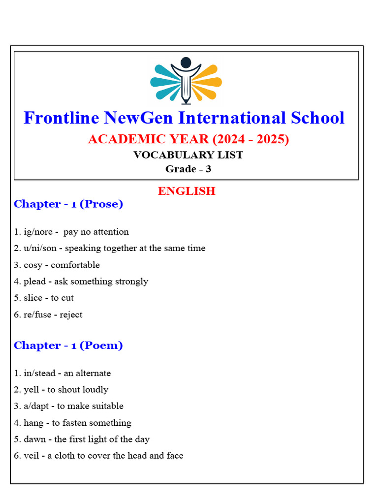 Grade 3 Vocabulary List 2024-2025 | PDF