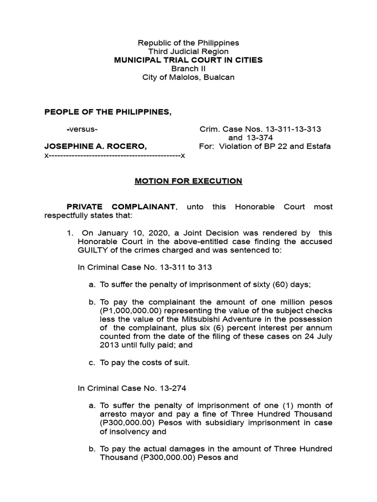 Court Motion for Execution | PDF | Lawsuit | Fine (Penalty)