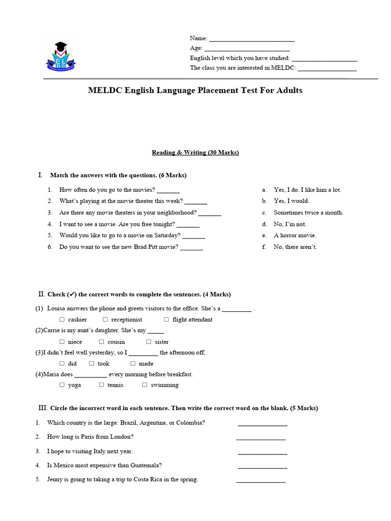 MELDC Placement Test For Adults | PDF | Career & Growth | Foreign ...