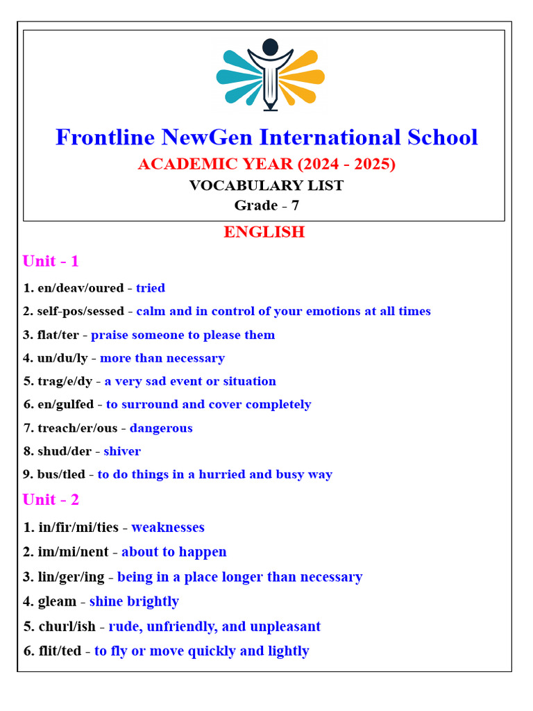Grade 7 Vocabulary List 2024-2025 | PDF | Numbers