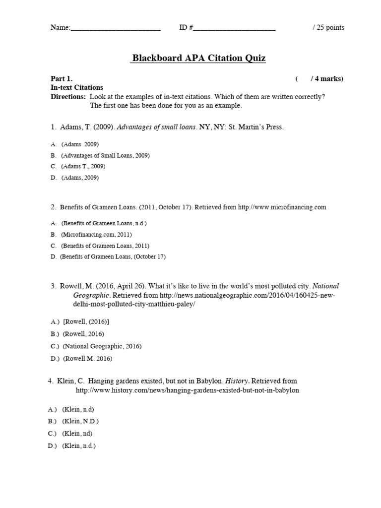 APA Citation Quiz and Guidelines | PDF | Travel | Art