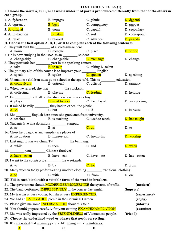 Review For Units 1-5 (1) - Answer (Chưa Làm) | PDF | Clothing | Linguistics