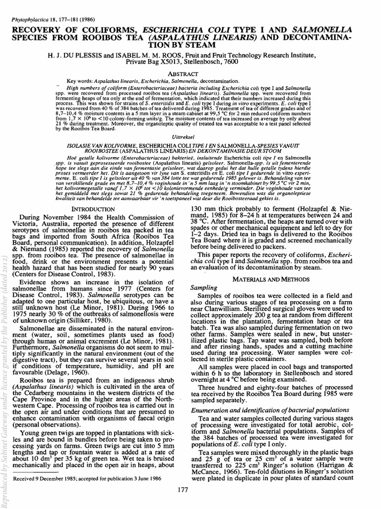 Du Plessis H J and Roos 1986 Recovery of Coliforms Escherichia Coli ...