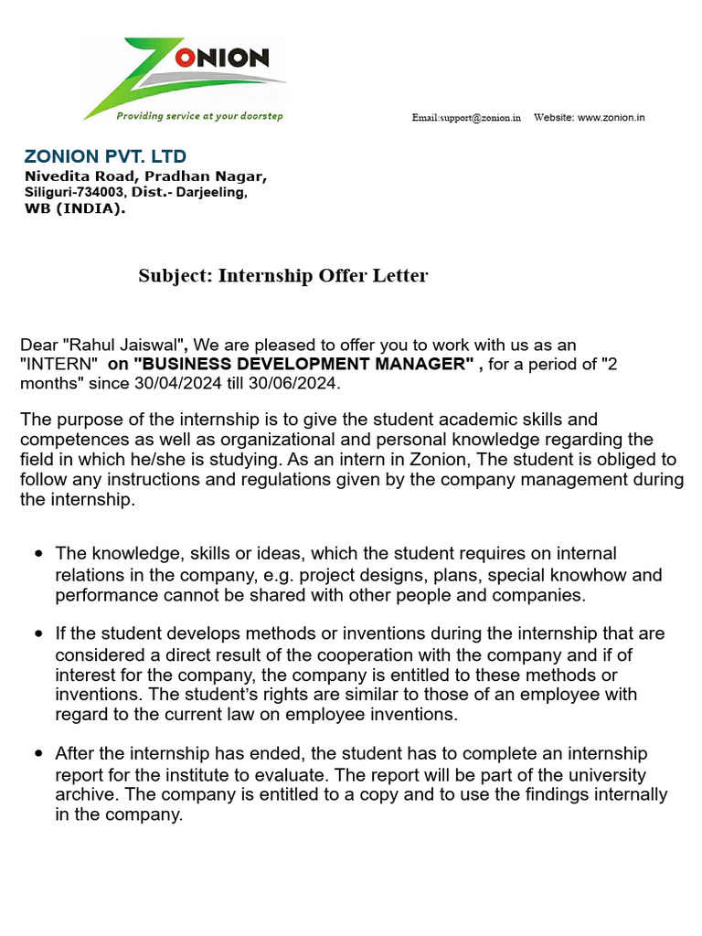 Internship Offer Letter | PDF | Employment | Confidentiality