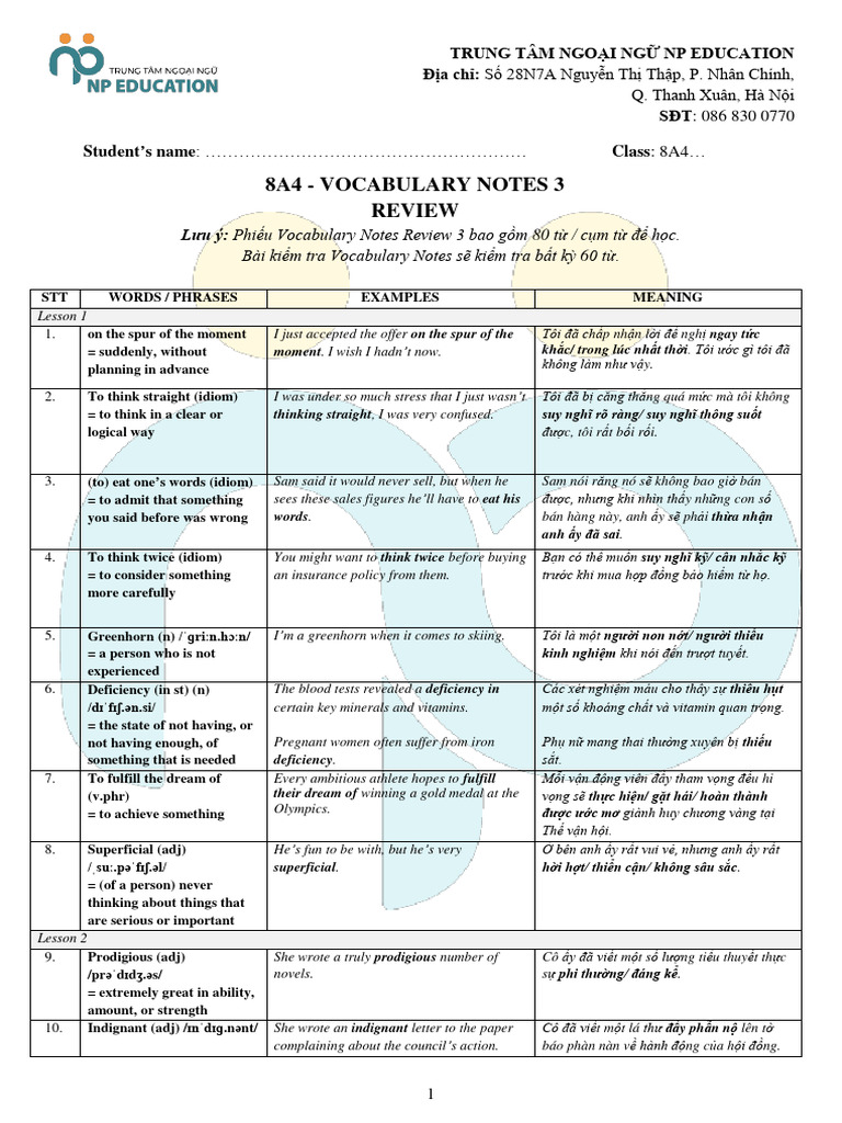 8a Chuyên 2 - Vocab Note Review 3 | PDF
