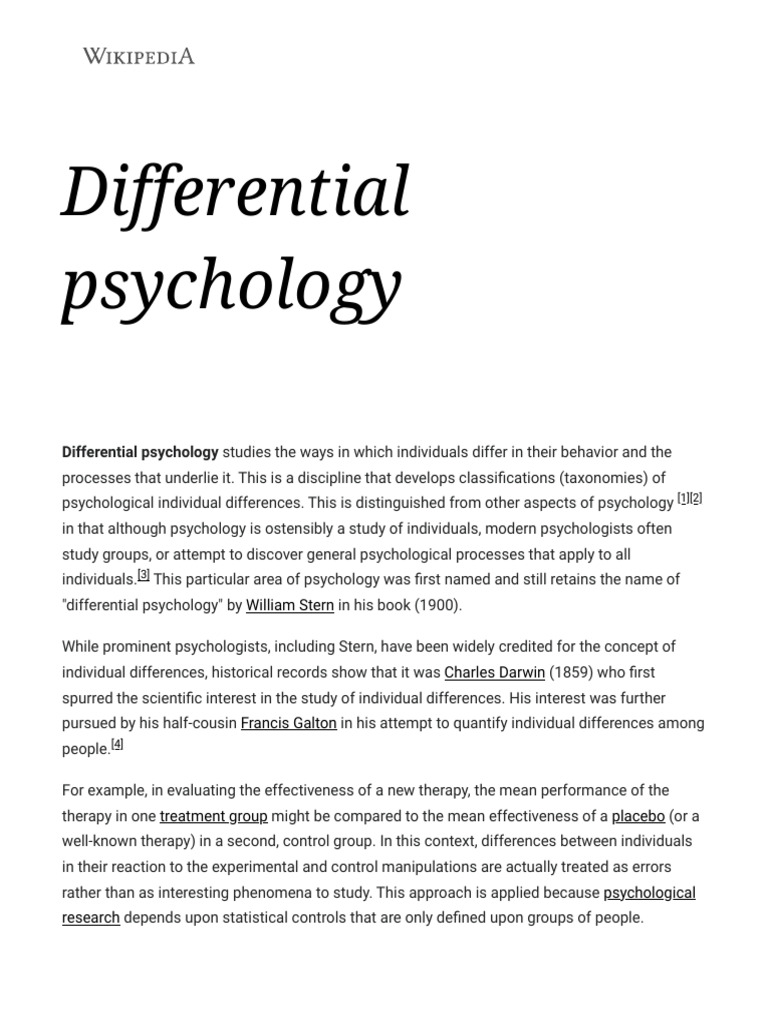 Differential Psychology - Wikipedia | PDF | Psychology | Biological ...