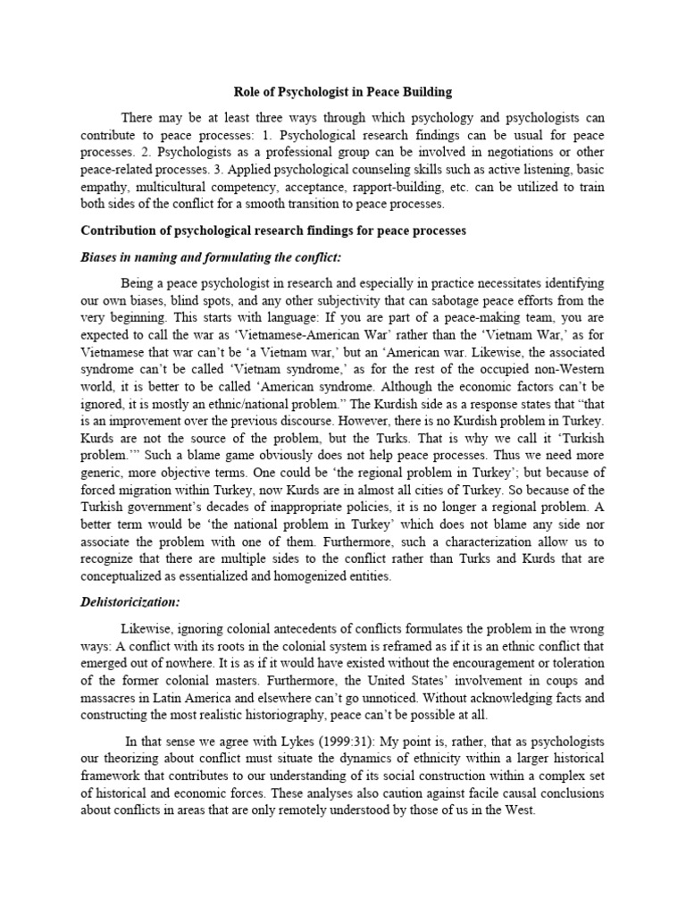 Psychologists' Role in Peace Processes | PDF | Psychology | Social ...