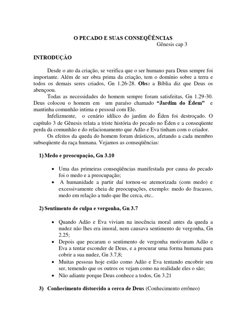 O Pecado E Suas Consequências Data Indefinida Pdf Adão E Eva Pecado