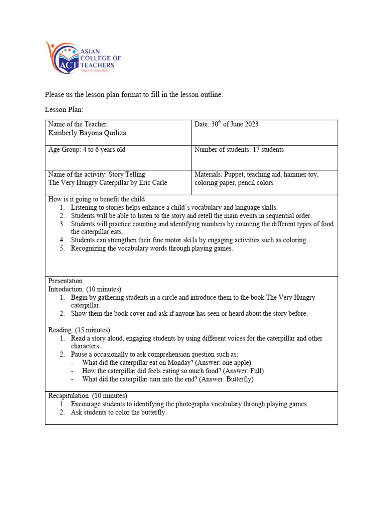 The Very Hungry Caterpillar Lesson Plan | PDF