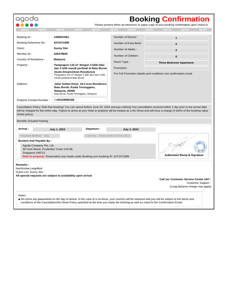 Confirmation For Booking ID # 1308037661 | PDF