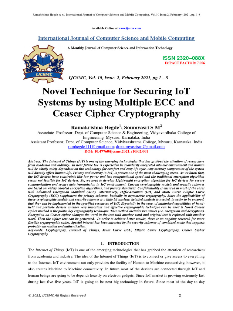 Novel Technique For Securing IoT Systems by Using Multiple ECC and Ceaser Cipher Cryptography ...