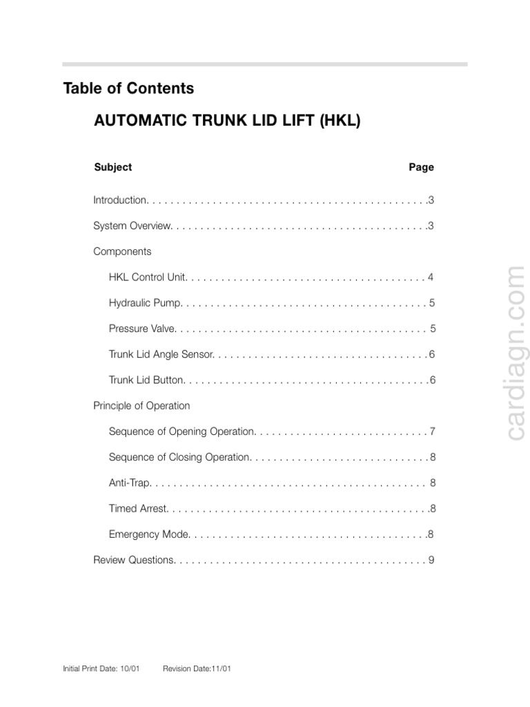 Automatic Trunk Lid Lift (HKL) : Initial Print Date: 10/01 Revision ...