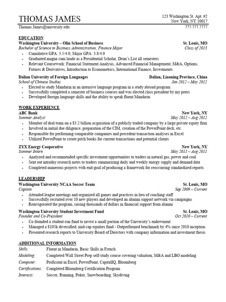 Wso Undergrad Resume Templatev7-11pt Font | PDF | Investment Banking ...