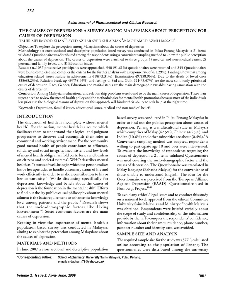 The Causes of Depression? A Survey Among Malaysians About Perception For Causes of Depression ...
